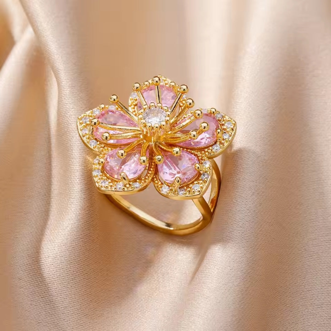 Gold Pink Crystal Flower Ring – Amelia Jewelry