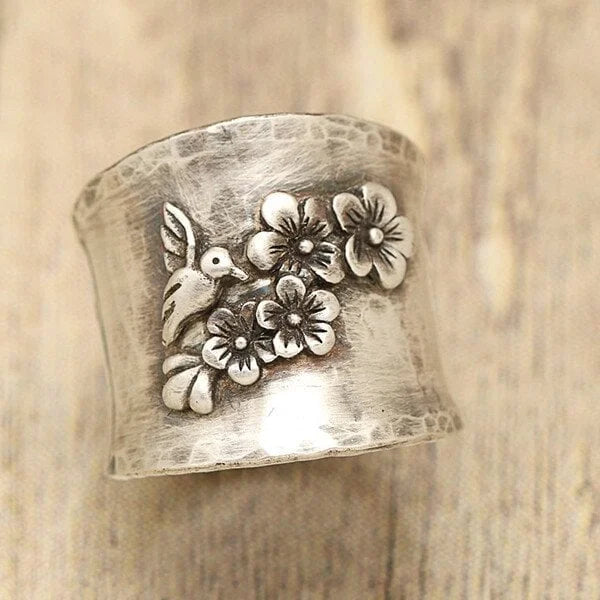 Bird Flower Wide Band Ring – Amelia Jewelry