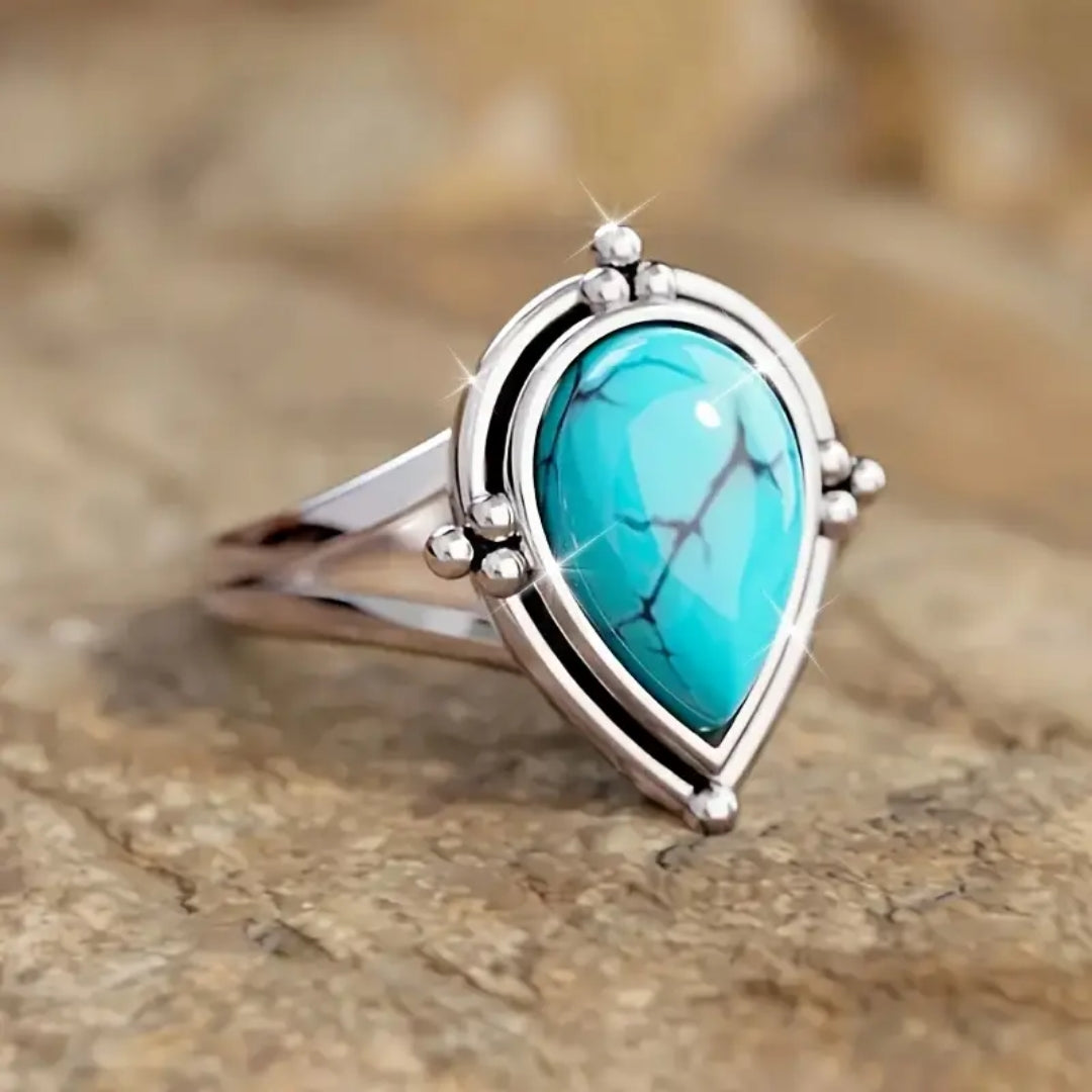 Blue Inlaid Oval Drop Stone Silver Ring – Amelia Jewelry