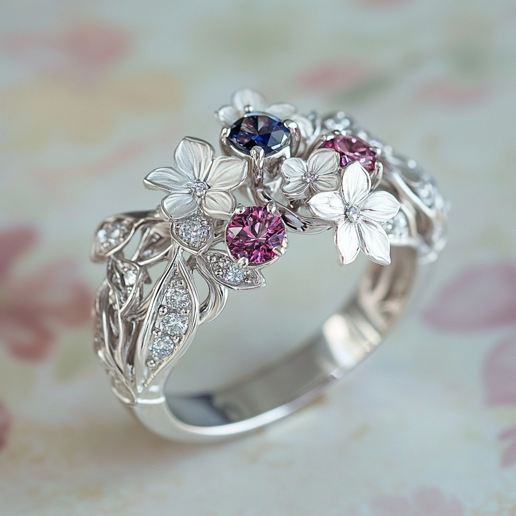 Silvered Floral Red & Blue Crystal Ring – Amelia Jewelry