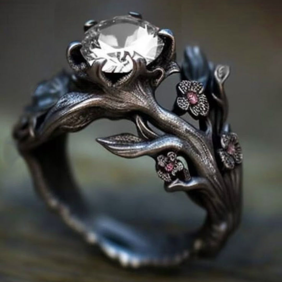 Exotic Floral Crystal Dark Silver Ring – Amelia Jewelry